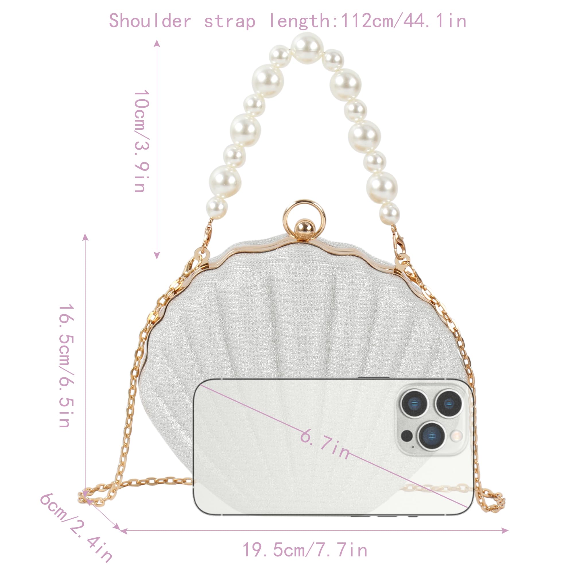 Women Mini Sequins Seashell Clutch Pearls Top-Handle Bag Chain Strap Cross-body Bag