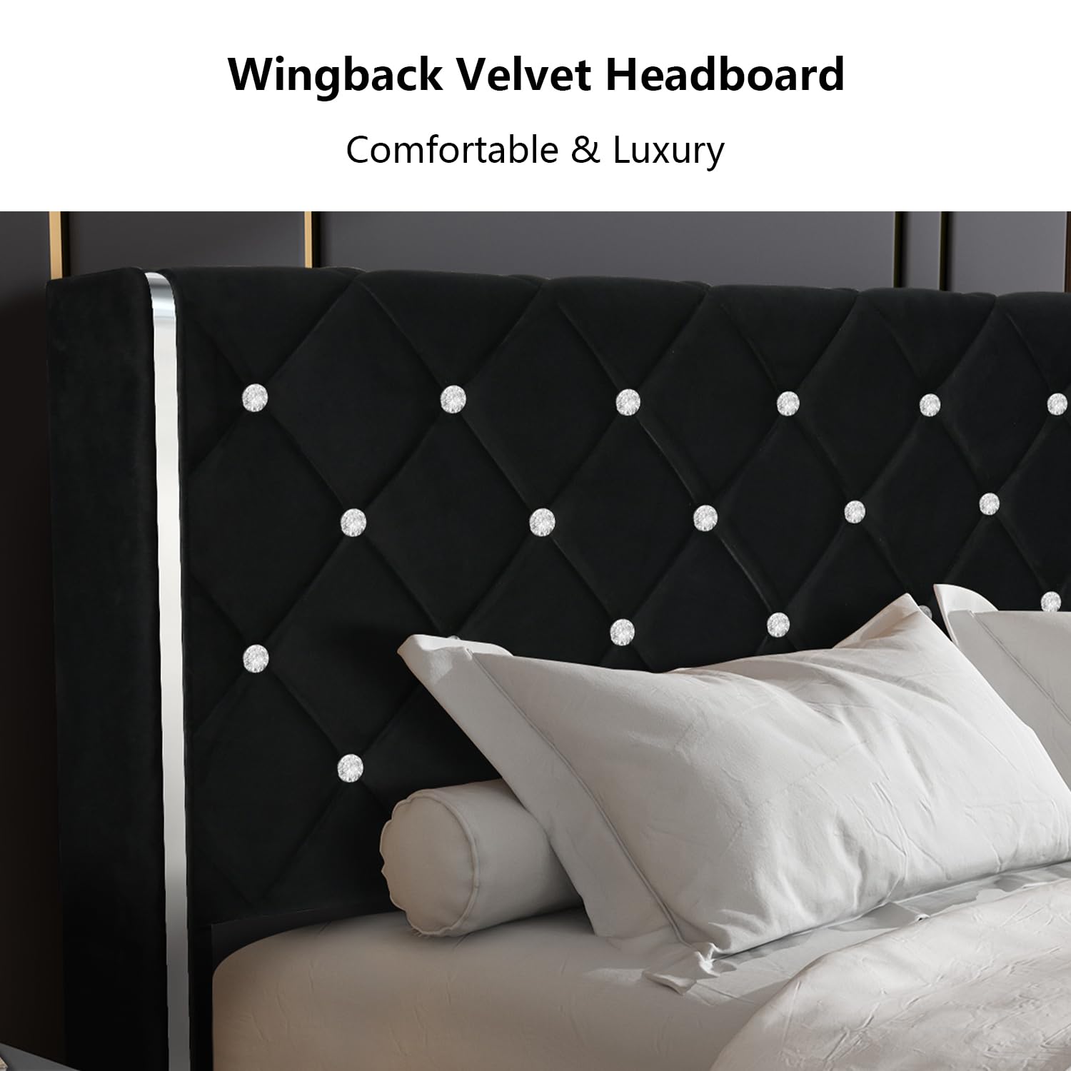 4 EVER WINNER Queen Size Bed Frame with 4 Storage Drawers, Velvet Tufted Diamond Platform Bed Frame with Upholstered Wingback Headboard, Heavy Duty Solid Wood Slats Support, No Box Spring Need, Black