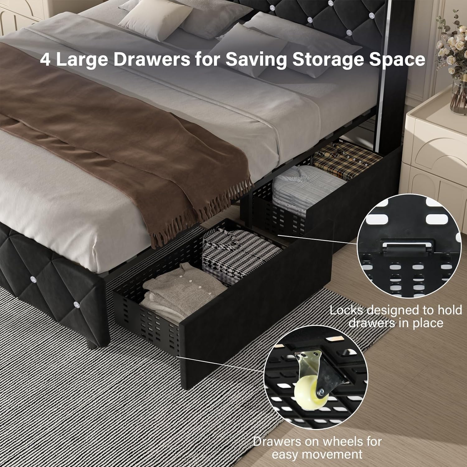 4 EVER WINNER Queen Size Bed Frame with 4 Storage Drawers, Velvet Tufted Diamond Platform Bed Frame with Upholstered Wingback Headboard, Heavy Duty Solid Wood Slats Support, No Box Spring Need, Black