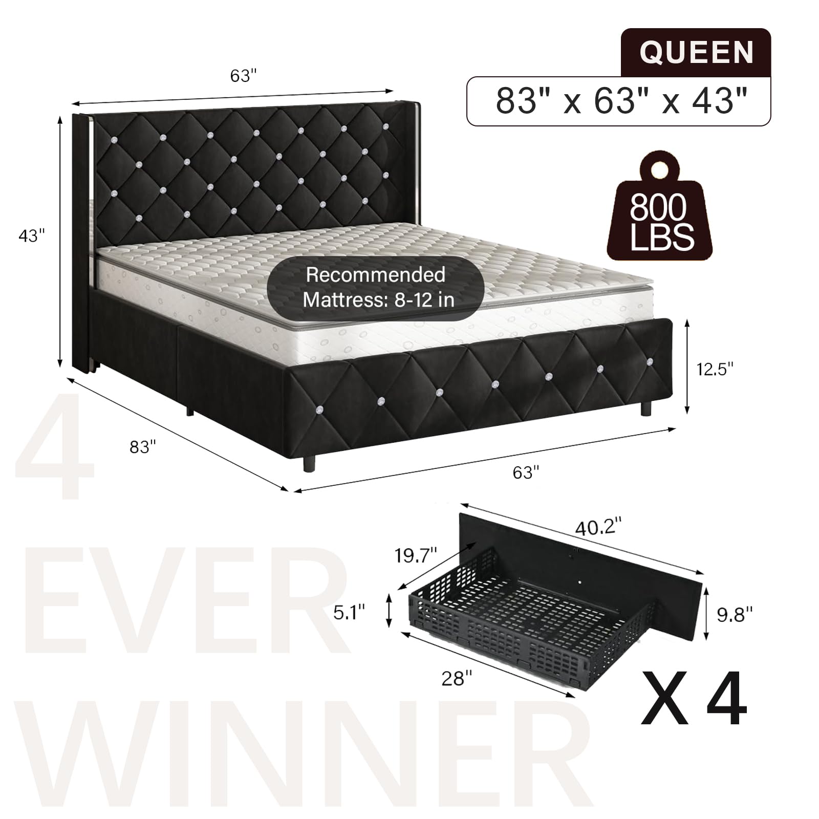 4 EVER WINNER Queen Size Bed Frame with 4 Storage Drawers, Velvet Tufted Diamond Platform Bed Frame with Upholstered Wingback Headboard, Heavy Duty Solid Wood Slats Support, No Box Spring Need, Black