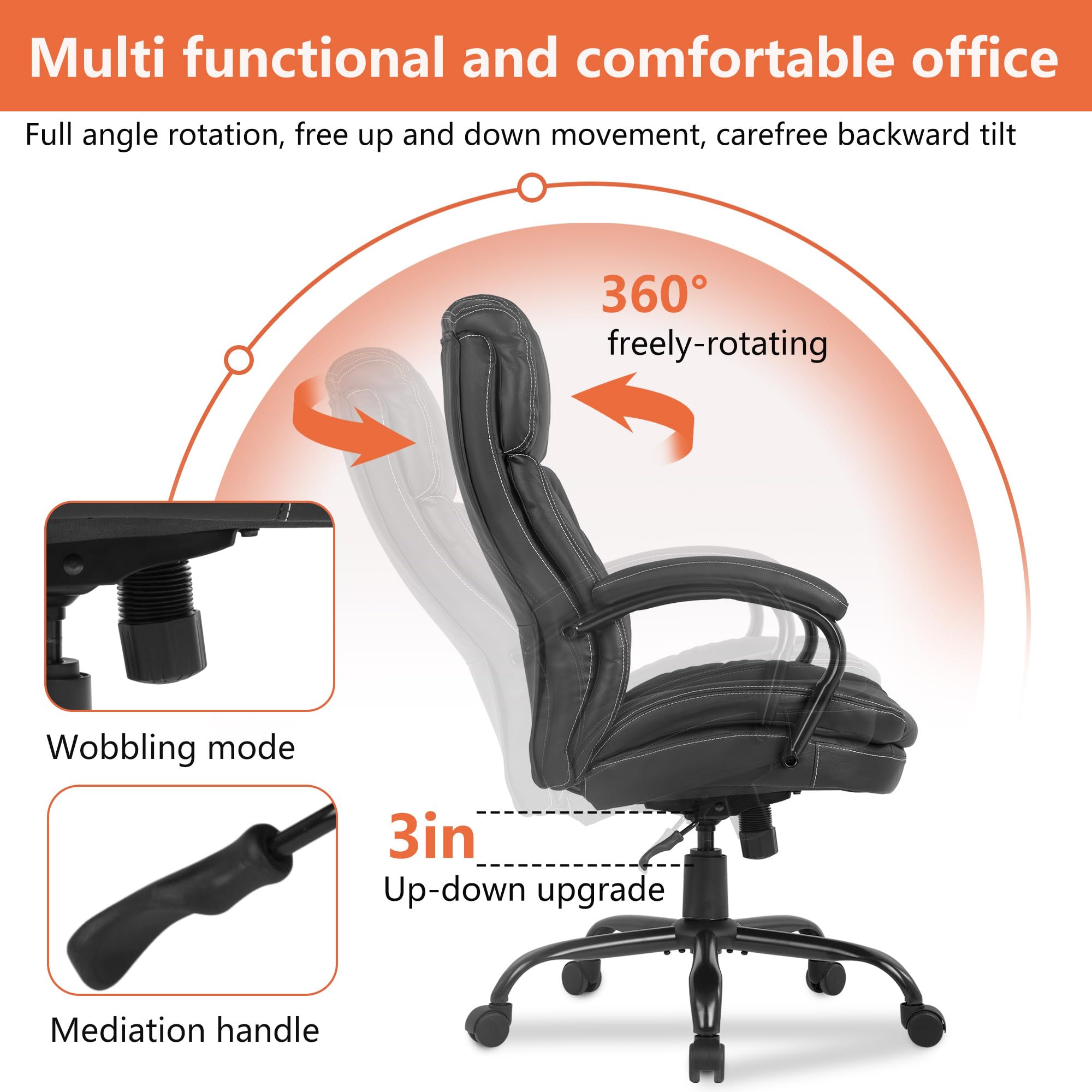 PayLessHere Big and Tall Office Chair 500lbs Desk Chair Wide Seat Ergonomic Pu Leather Executive Chair Adjustable Rolling Swivel Computer Chair with Lumbar Support Headrest for Heavy People, Black