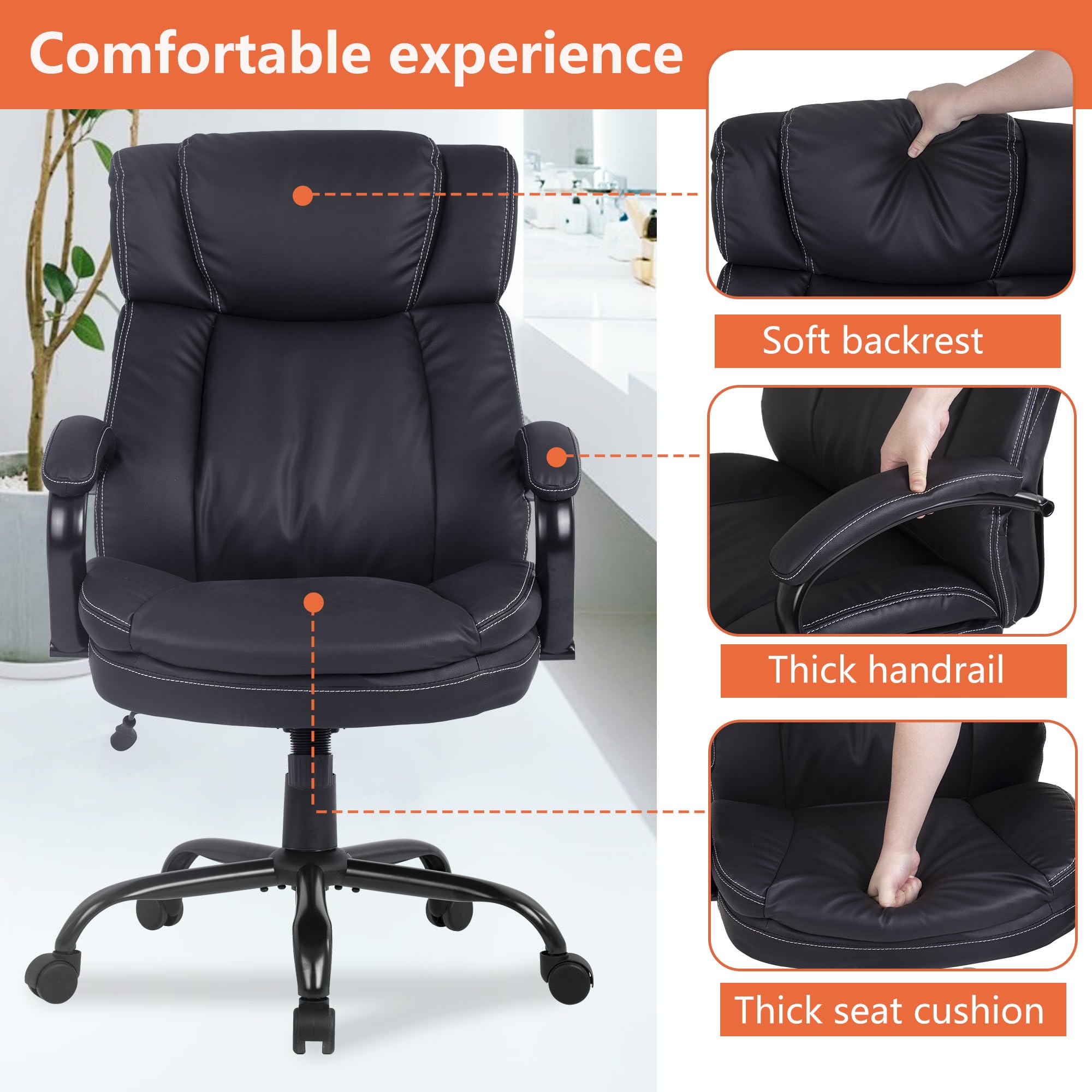 PayLessHere Big and Tall Office Chair 500lbs Desk Chair Wide Seat Ergonomic Pu Leather Executive Chair Adjustable Rolling Swivel Computer Chair with Lumbar Support Headrest for Heavy People, Black