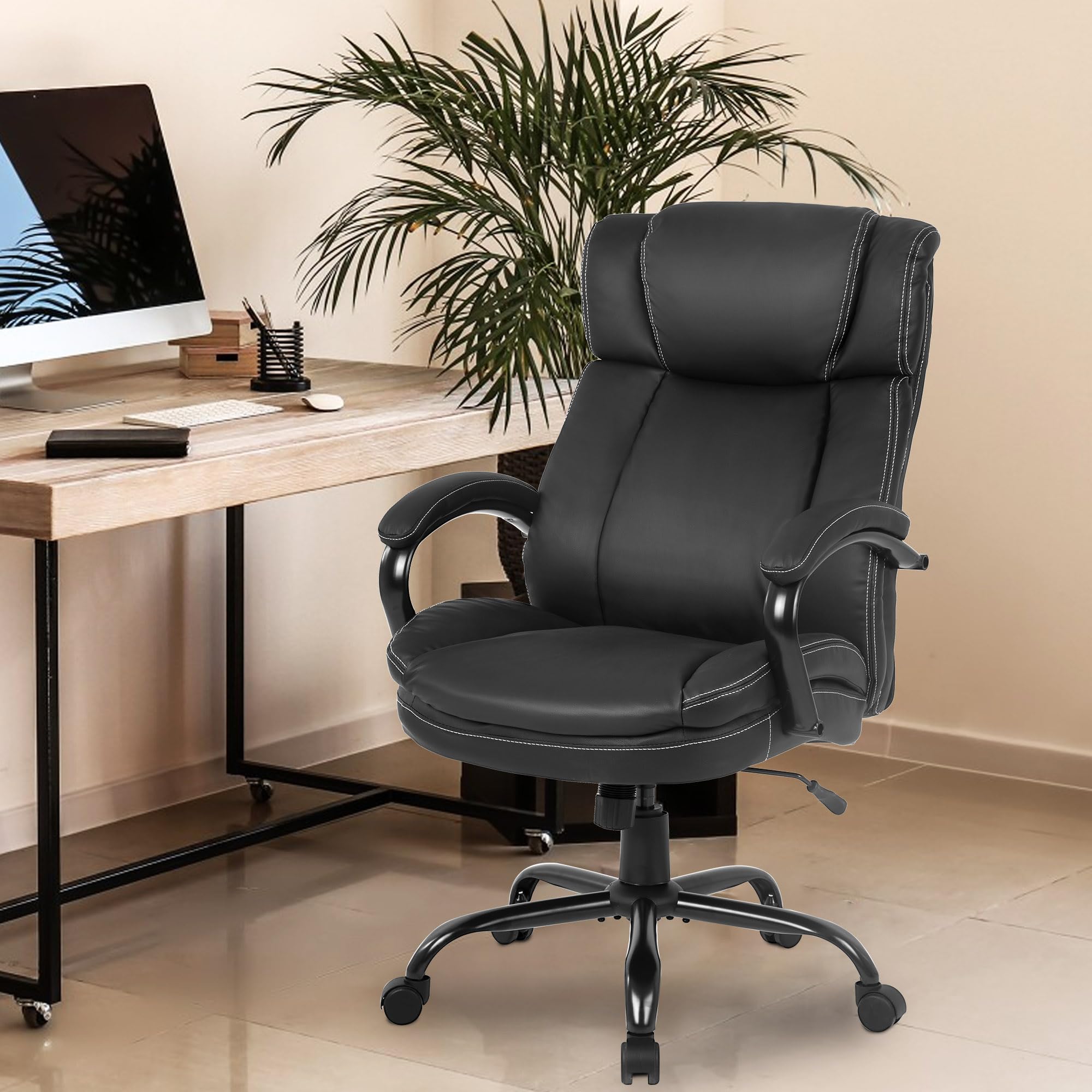 PayLessHere Big and Tall Office Chair 500lbs Desk Chair Wide Seat Ergonomic Pu Leather Executive Chair Adjustable Rolling Swivel Computer Chair with Lumbar Support Headrest for Heavy People, Black