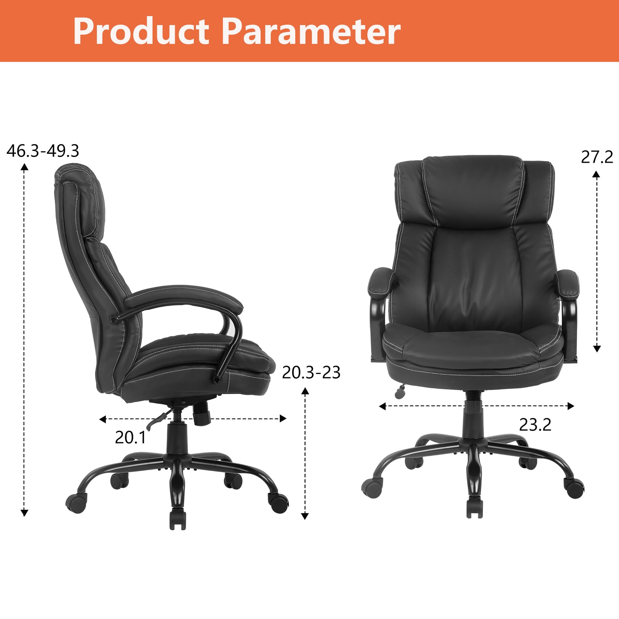 PayLessHere Big and Tall Office Chair 500lbs Desk Chair Wide Seat Ergonomic Pu Leather Executive Chair Adjustable Rolling Swivel Computer Chair with Lumbar Support Headrest for Heavy People, Black
