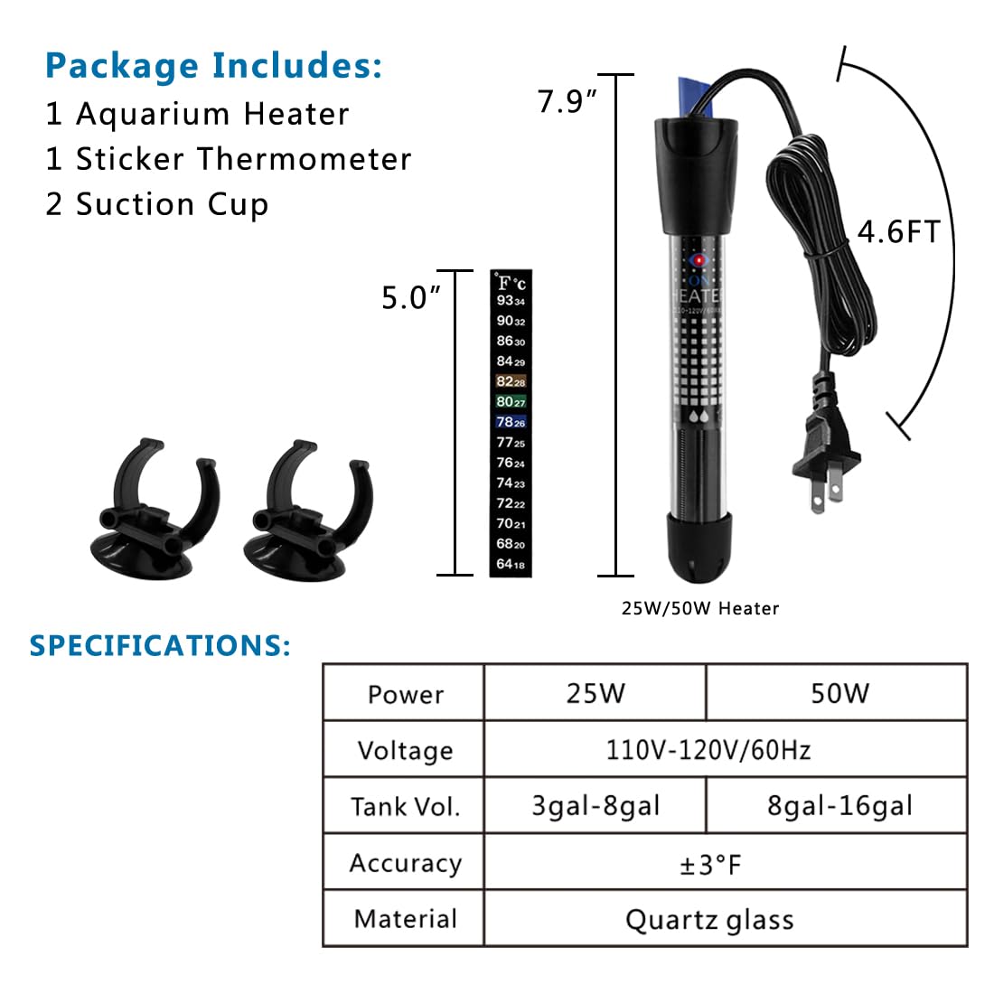DOMICA 50W Adjustable Aquarium Heater, Submersible Water Heater for Small Fish Tank (8-16 gallons) with Free Thermometer Sticker