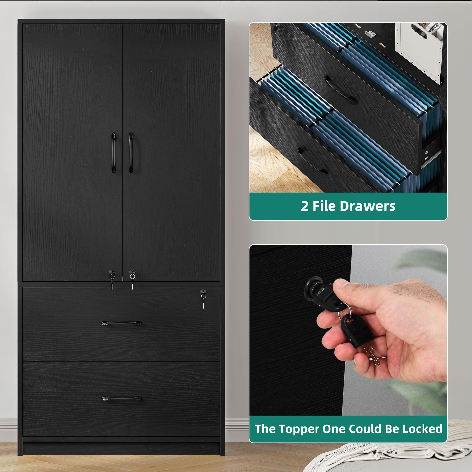 YITAHOME Wood File Cabinets, Heavy Duty Garage Tool Cabinets with Doors & Adjustable Shelves, Big Storage Filing Lockers for Home Office, Living Room, Pantry, Gym, Basement, Warehouse, Black