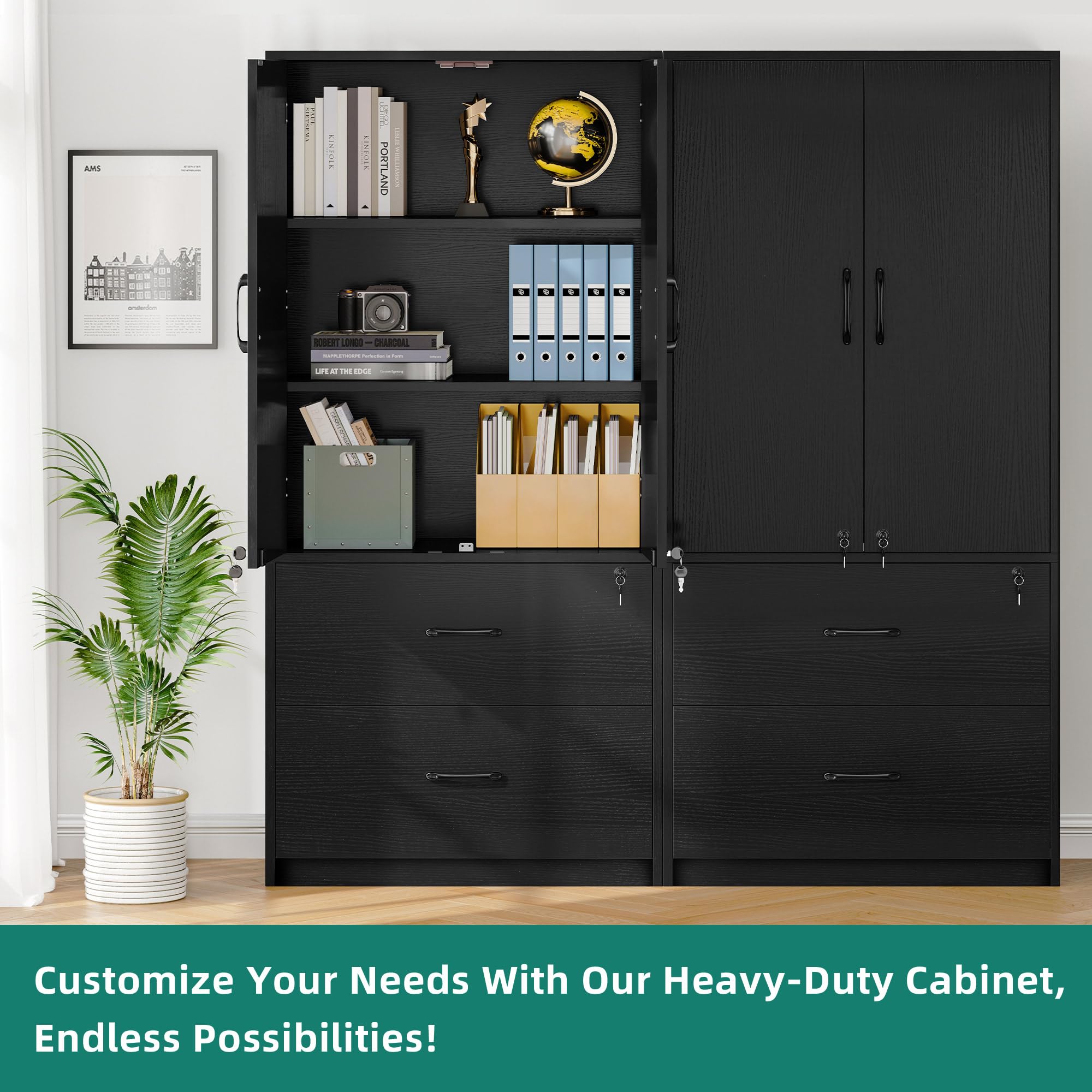YITAHOME Wood File Cabinets, Heavy Duty Garage Tool Cabinets with Doors & Adjustable Shelves, Big Storage Filing Lockers for Home Office, Living Room, Pantry, Gym, Basement, Warehouse, Black