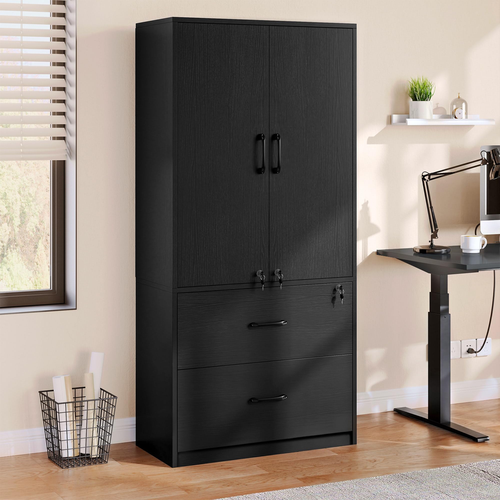 YITAHOME Wood File Cabinets, Heavy Duty Garage Tool Cabinets with Doors & Adjustable Shelves, Big Storage Filing Lockers for Home Office, Living Room, Pantry, Gym, Basement, Warehouse, Black