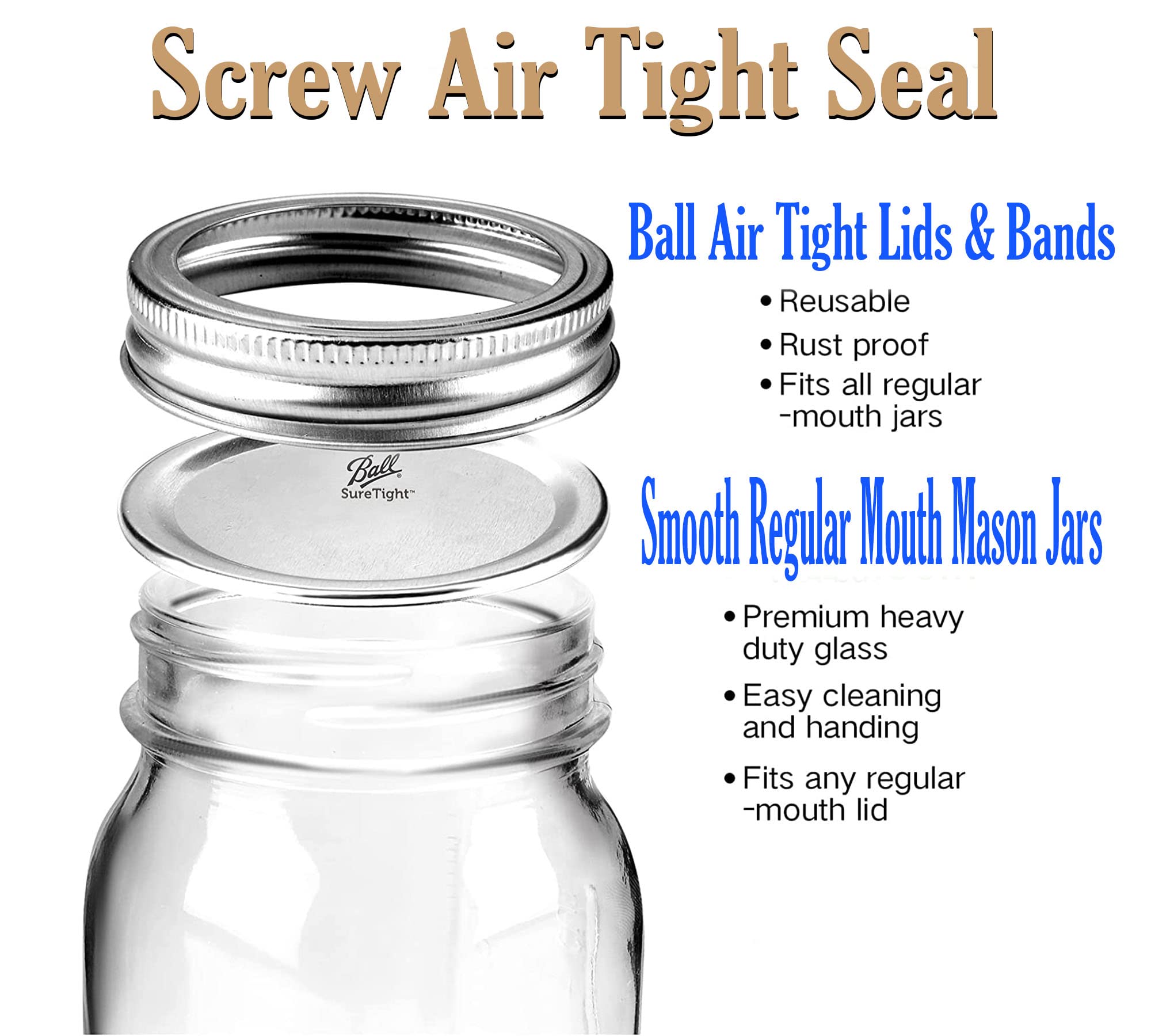 Regular Mouth Mason Jars 32 oz - (2 Pack) - Regular Mouth 32-Ounces Mason Jars With Ball Airtight lids and Bands - For Canning, Fermenting, Pickling, Freezing - Glass jar, Microwave & Dishwasher Safe