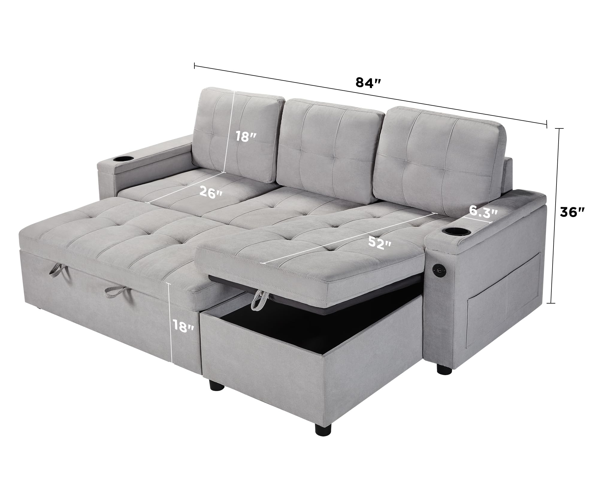 VanAcc Sofa Bed, Modern Tufted Convertible Sleeper Sofa, USB Charging Ports & Cup Holders, Pull Out Couch Bed with Storage Chaise, Chenille Couches for Living Room (Light Grey), 84in x 52in x 36in