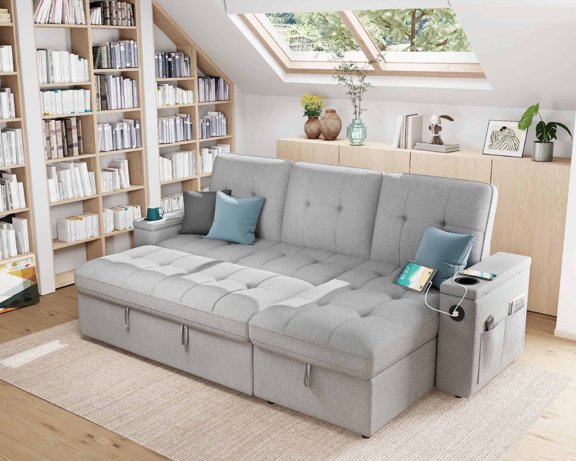 VanAcc Sofa Bed, Modern Tufted Convertible Sleeper Sofa, USB Charging Ports & Cup Holders, Pull Out Couch Bed with Storage Chaise, Chenille Couches for Living Room (Light Grey), 84in x 52in x 36in