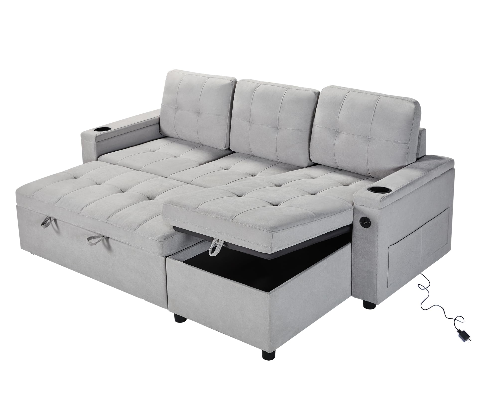 VanAcc Sofa Bed, Modern Tufted Convertible Sleeper Sofa, USB Charging Ports & Cup Holders, Pull Out Couch Bed with Storage Chaise, Chenille Couches for Living Room (Light Grey), 84in x 52in x 36in