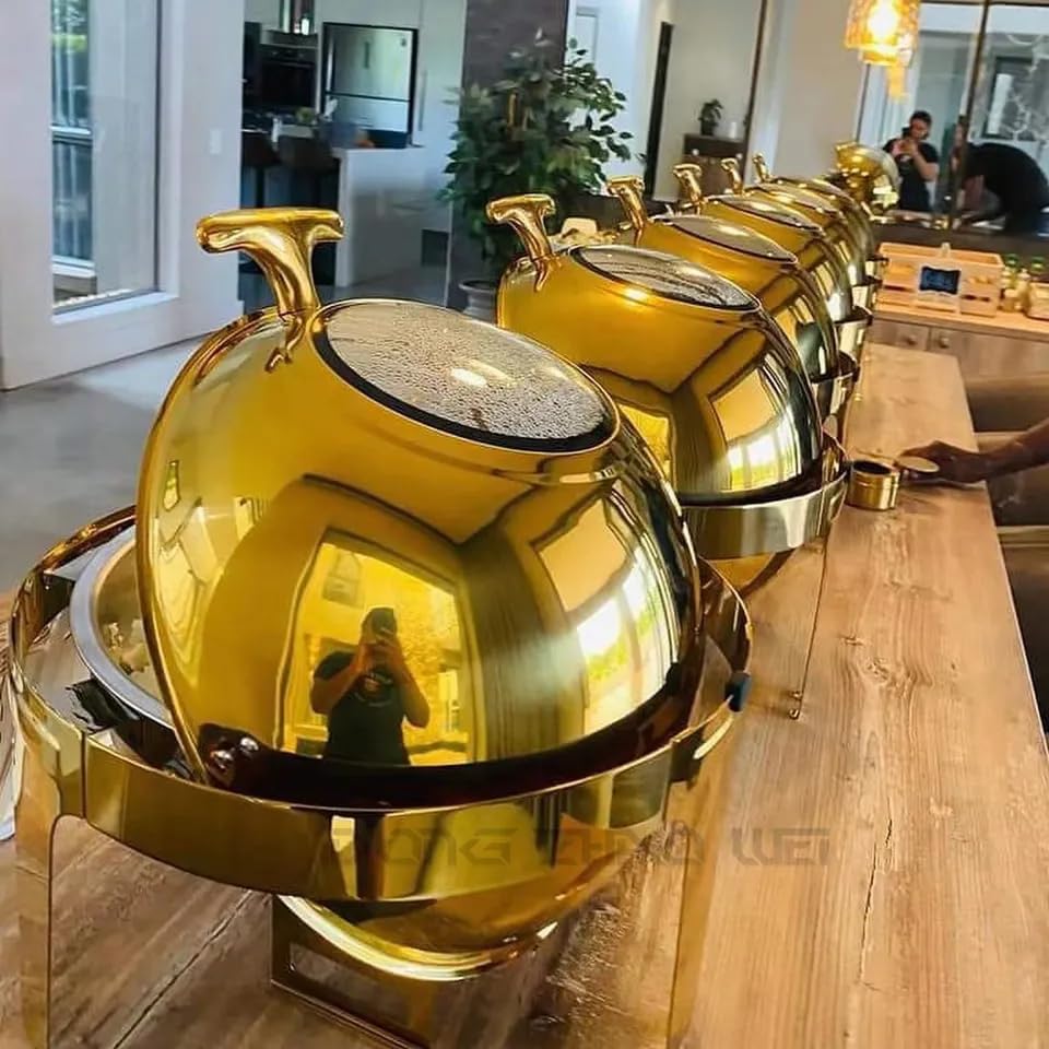 HONHPD Gold Stainless Steel Chafing Dish 1 Packs, 6.5 Quart Round Chafer, Roll Top Chafer for Catering Buffet Warmer Set with Pans and Fuel Holders
