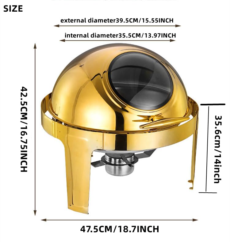 HONHPD Gold Stainless Steel Chafing Dish 1 Packs, 6.5 Quart Round Chafer, Roll Top Chafer for Catering Buffet Warmer Set with Pans and Fuel Holders