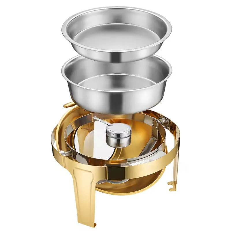 HONHPD Gold Stainless Steel Chafing Dish 1 Packs, 6.5 Quart Round Chafer, Roll Top Chafer for Catering Buffet Warmer Set with Pans and Fuel Holders