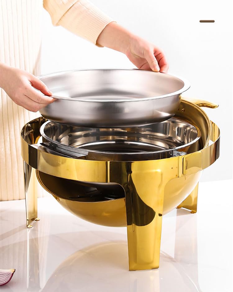 HONHPD Gold Stainless Steel Chafing Dish 1 Packs, 6.5 Quart Round Chafer, Roll Top Chafer for Catering Buffet Warmer Set with Pans and Fuel Holders