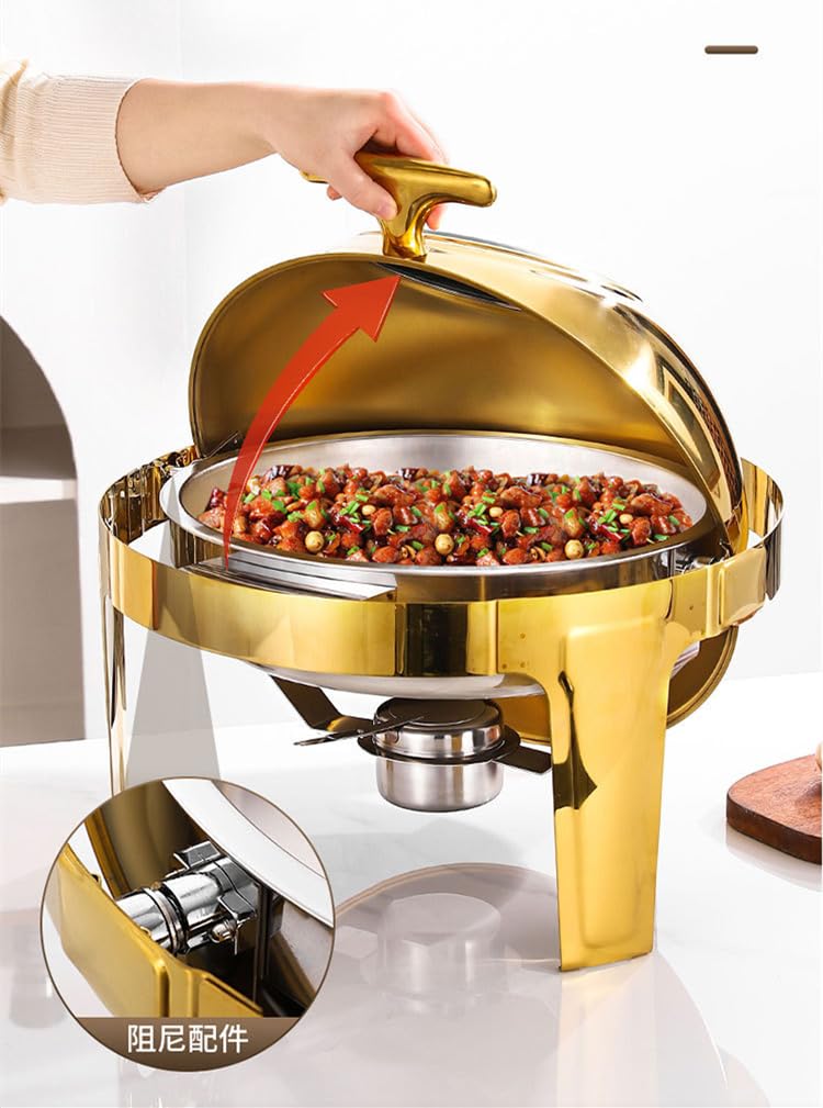 HONHPD Gold Stainless Steel Chafing Dish 1 Packs, 6.5 Quart Round Chafer, Roll Top Chafer for Catering Buffet Warmer Set with Pans and Fuel Holders