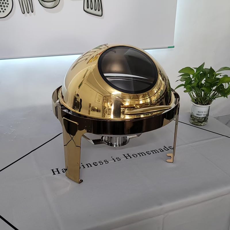 HONHPD Gold Stainless Steel Chafing Dish 1 Packs, 6.5 Quart Round Chafer, Roll Top Chafer for Catering Buffet Warmer Set with Pans and Fuel Holders