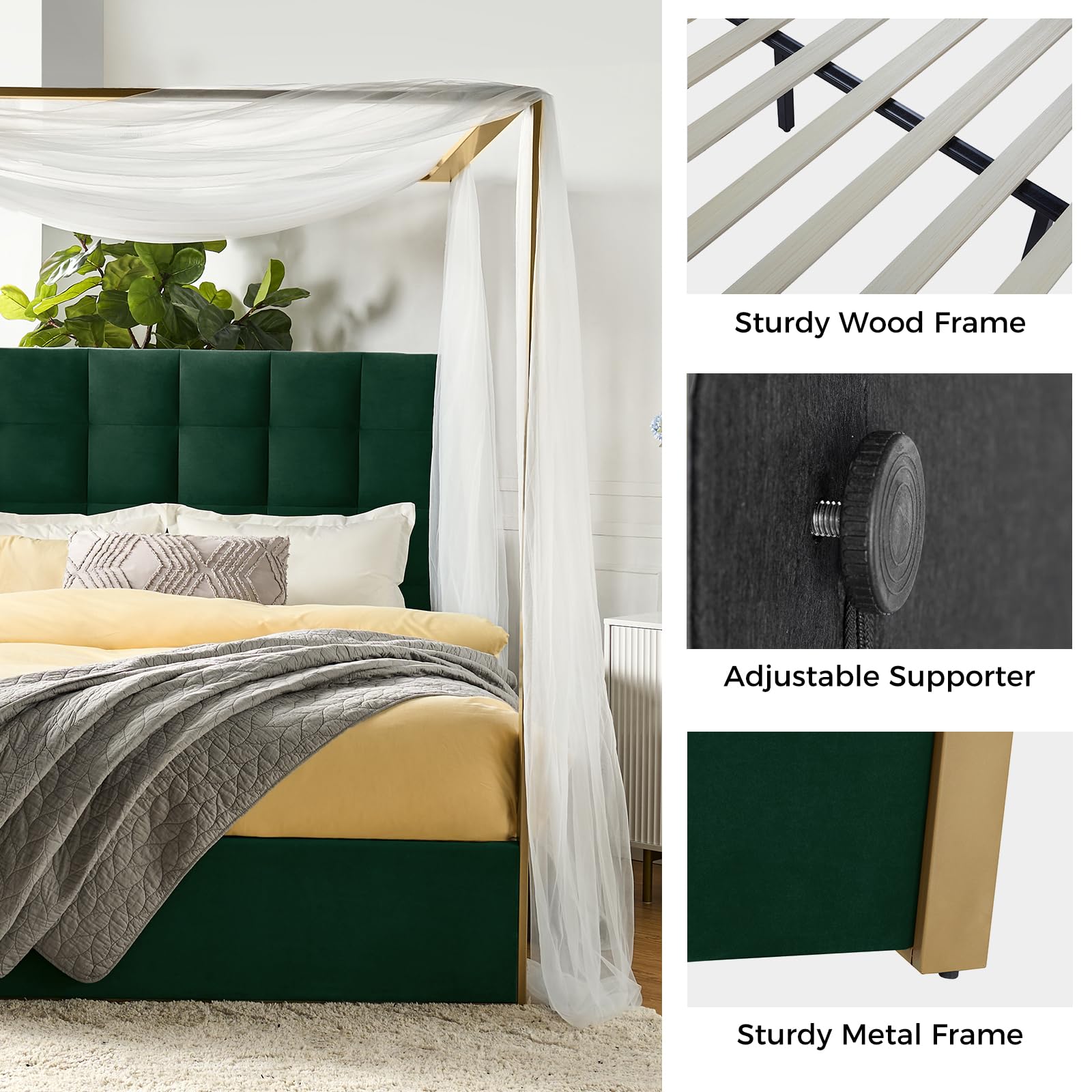 HULALA HOME Modern Upholstered Canopy Queen Size Bed,Champagne Metal Bed Frame with Upholstered Headboard,Noise-Free,Green
