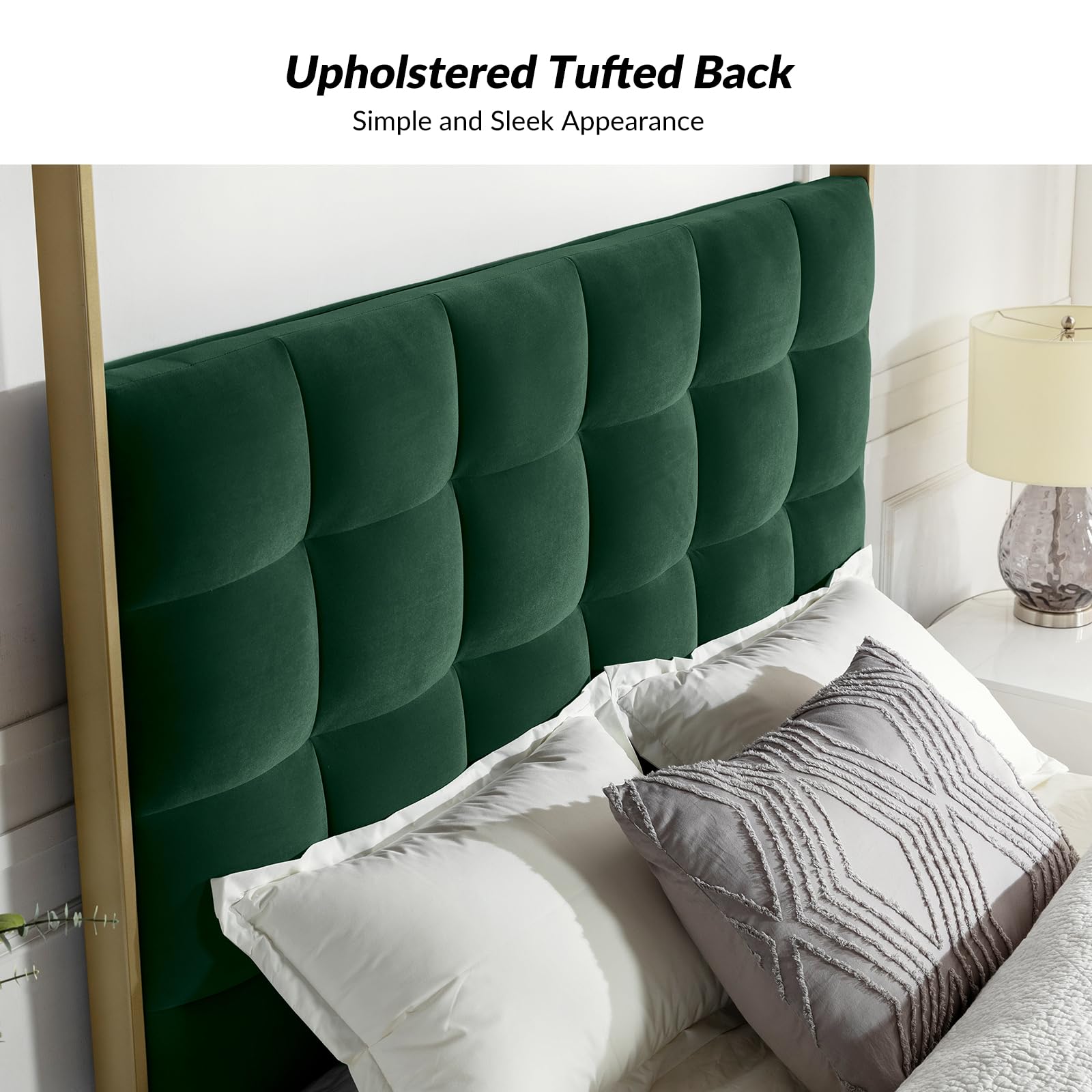 HULALA HOME Modern Upholstered Canopy Queen Size Bed,Champagne Metal Bed Frame with Upholstered Headboard,Noise-Free,Green
