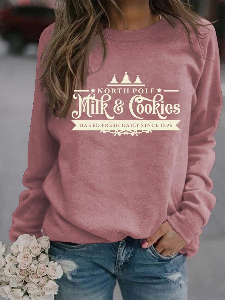 Akivide Women's North Pole Milk and Cookies Sweatshirt Christmas Novelty Graphic Long Sleeve Pullover Shirt
