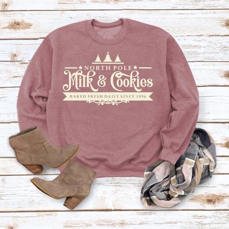 Akivide Women's North Pole Milk and Cookies Sweatshirt Christmas Novelty Graphic Long Sleeve Pullover Shirt
