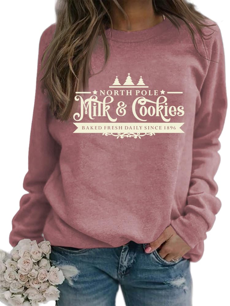 Akivide Women's North Pole Milk and Cookies Sweatshirt Christmas Novelty Graphic Long Sleeve Pullover Shirt