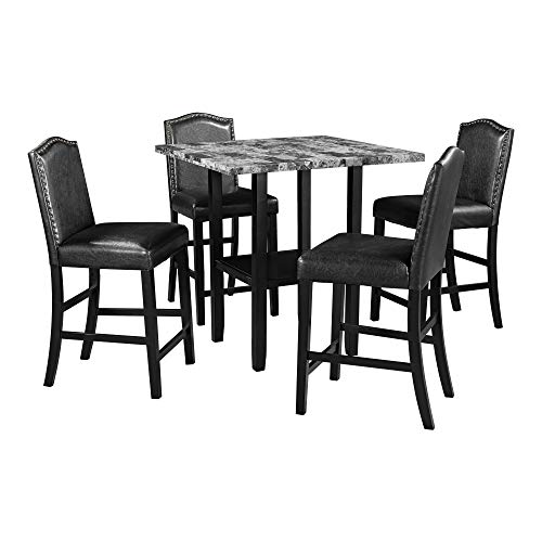 LIADTOP Counter Height Pub 5 Piece, Dining Set Marble Veneer Top Kitchen Bottom Shelf and 4 PU Leather Chair Table, Black+Gray