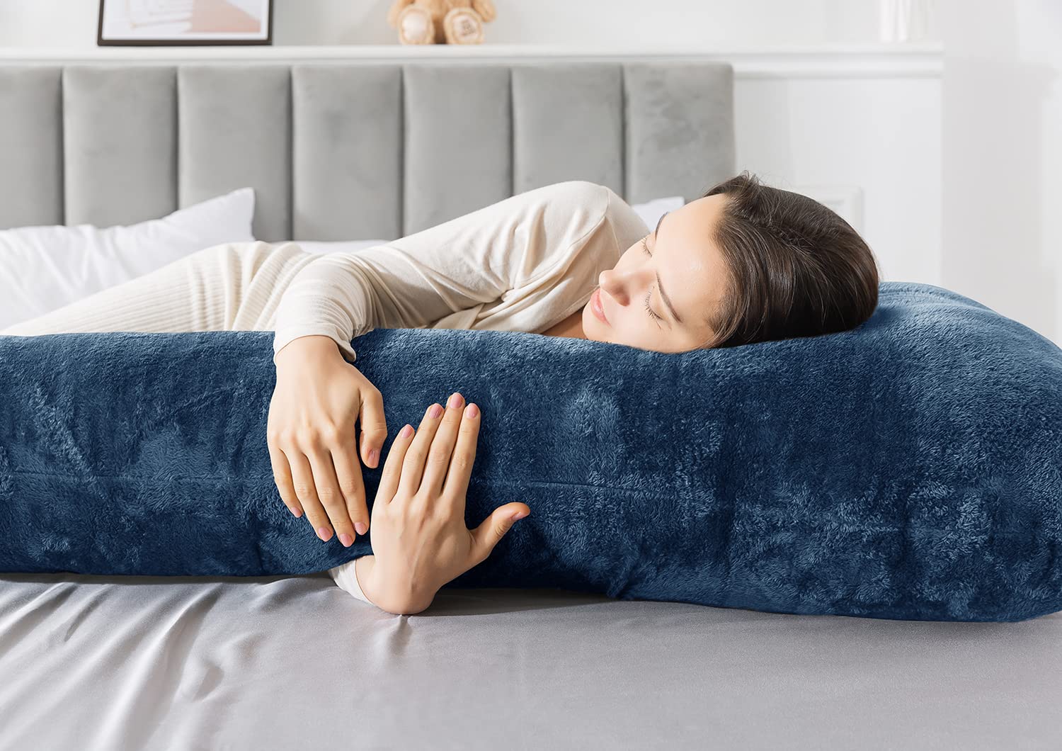 WhatsBedding Pregnancy Pillows for Sleeping,Memory Foam Filling U Shaped Pregnancy Pillows Full Body Pillow for Pregnancy with Velvet Cover (55 inches, Blue)