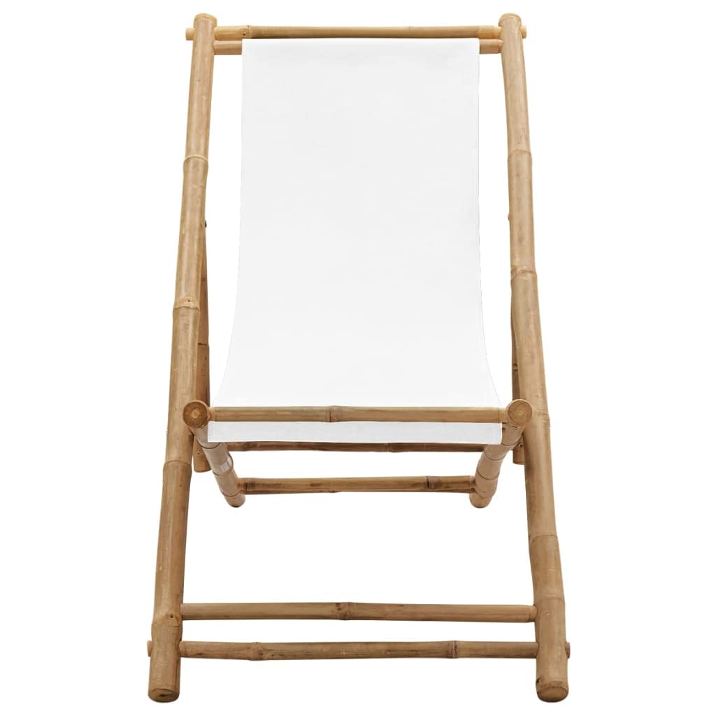 CUSON Sling Chair Outdoor | Adjustable Folding Deck Chair | Patio Foldable Chair for Garden Beach Outside | White Bamboo and Canvas 44.1" x 23.6" x 29.5"
