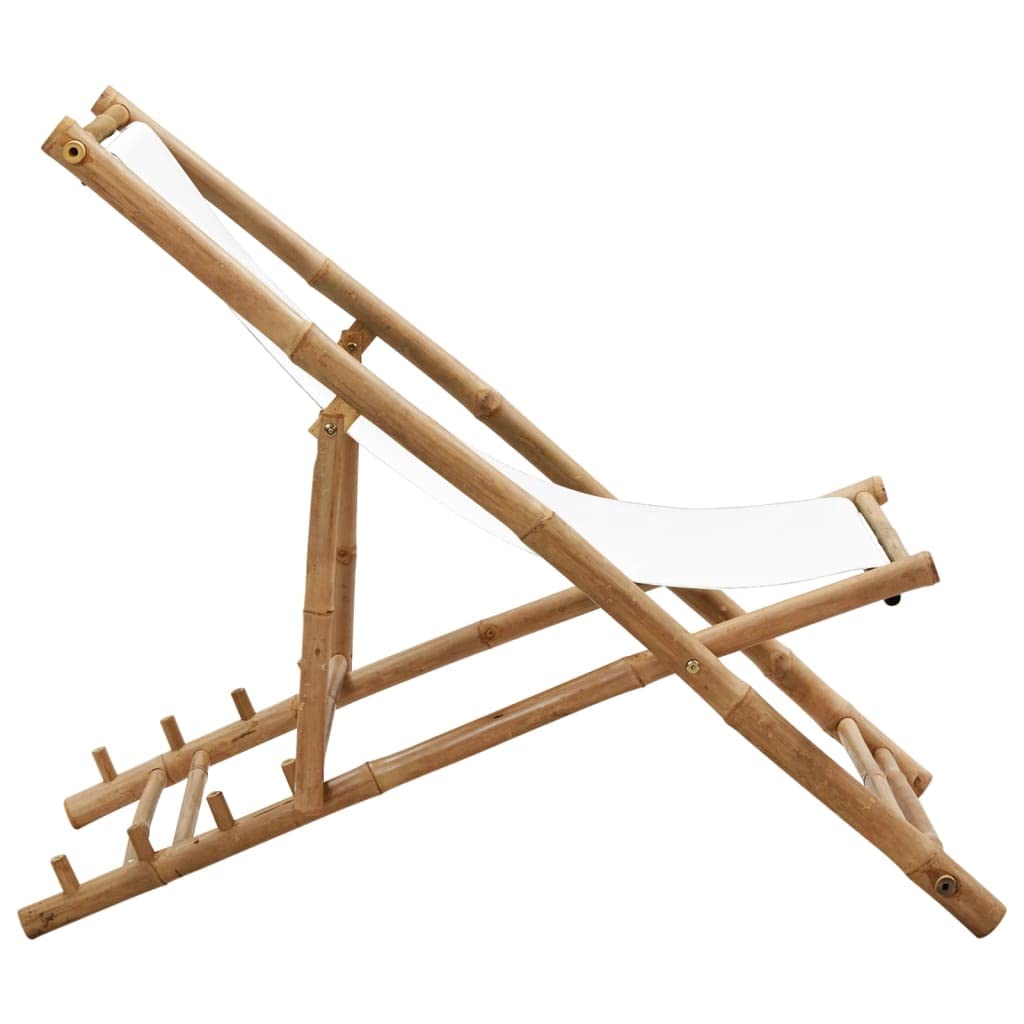 CUSON Sling Chair Outdoor | Adjustable Folding Deck Chair | Patio Foldable Chair for Garden Beach Outside | White Bamboo and Canvas 44.1" x 23.6" x 29.5"