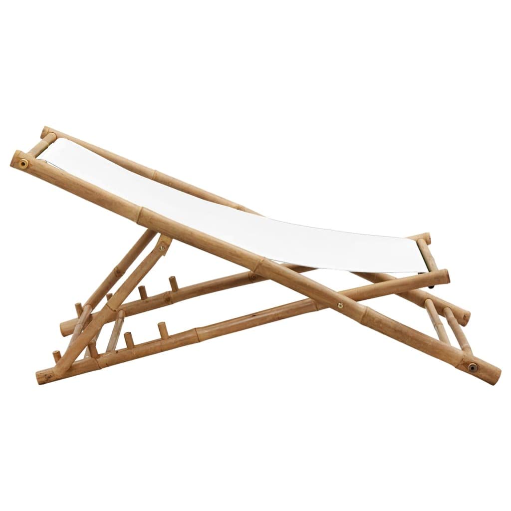 CUSON Sling Chair Outdoor | Adjustable Folding Deck Chair | Patio Foldable Chair for Garden Beach Outside | White Bamboo and Canvas 44.1" x 23.6" x 29.5"