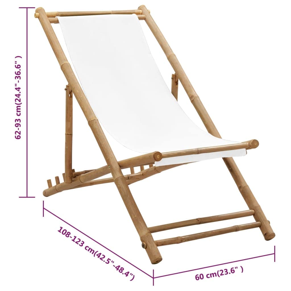 CUSON Sling Chair Outdoor | Adjustable Folding Deck Chair | Patio Foldable Chair for Garden Beach Outside | White Bamboo and Canvas 44.1" x 23.6" x 29.5"