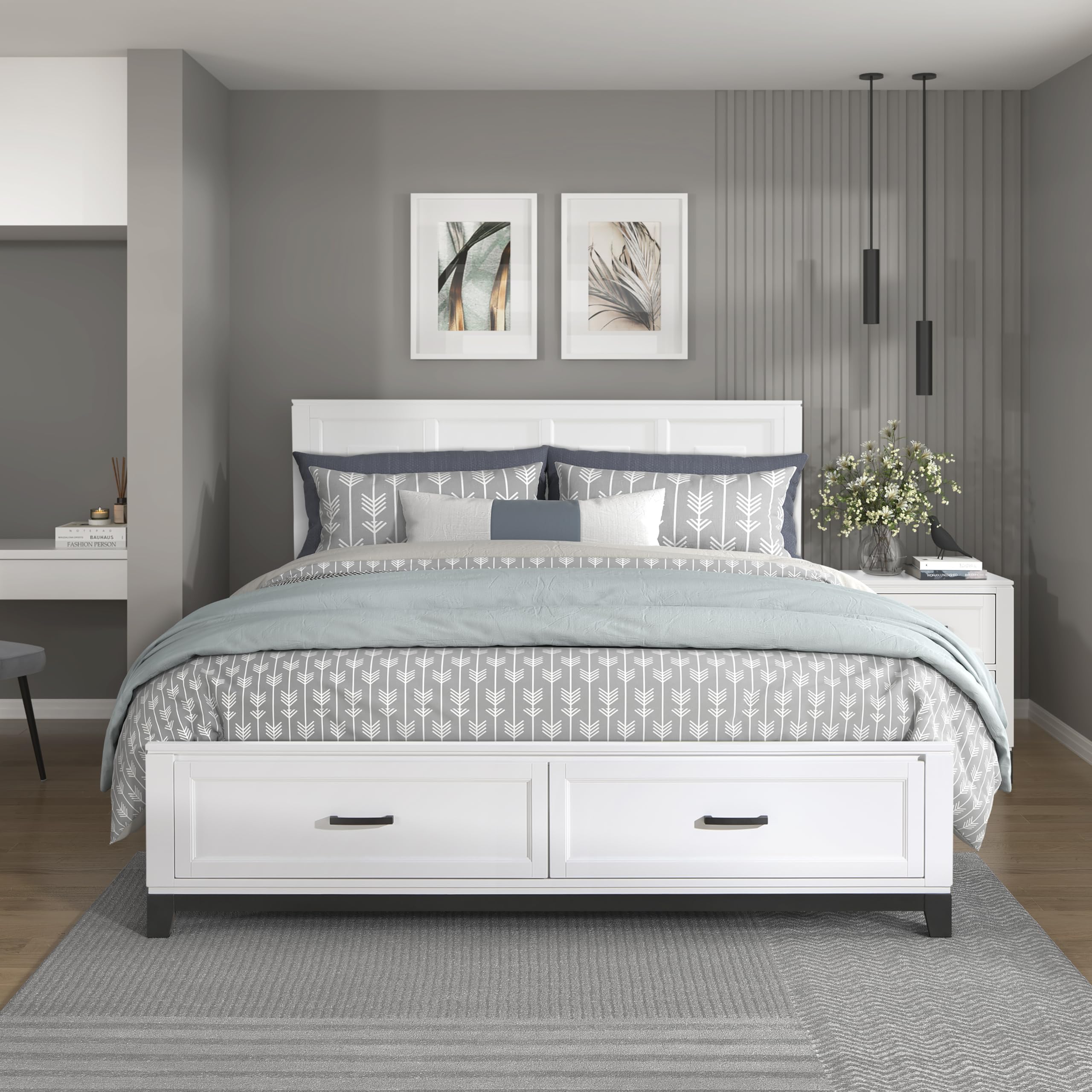 Lexicon California King Bed Frames with Headboard, Modern Bed Frame, Wood Platform Bed with Footboard Storage and Slats, No Box Spring Needed, Easy Assembly, 2-Tone Finish (White and Metallic Grey)