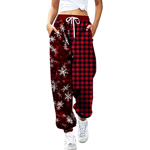 Plus Size Sweatpants,High Waisted Sweatpants for Women Xmas Elastic Waisted Snowman Print Workout Active Joggers Drawstring Straight Leg Pants Santa Claus Print Wine XL