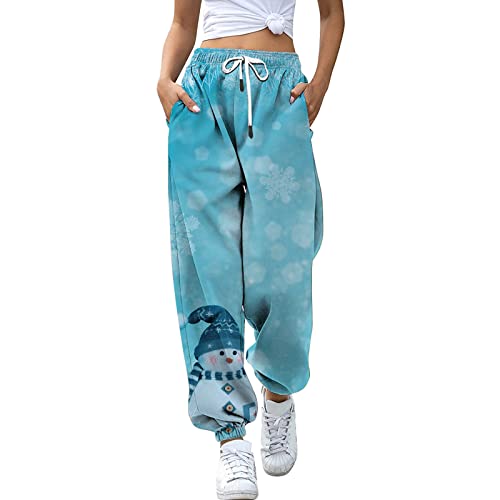 High Waisted Sweatpants for Women,High Waisted Sweatpants for Women Christmas Snowman Print Elastic Waisted Workout Active Joggers Drawstring Wide Leg Trouser Elk Print Sky Blue XL