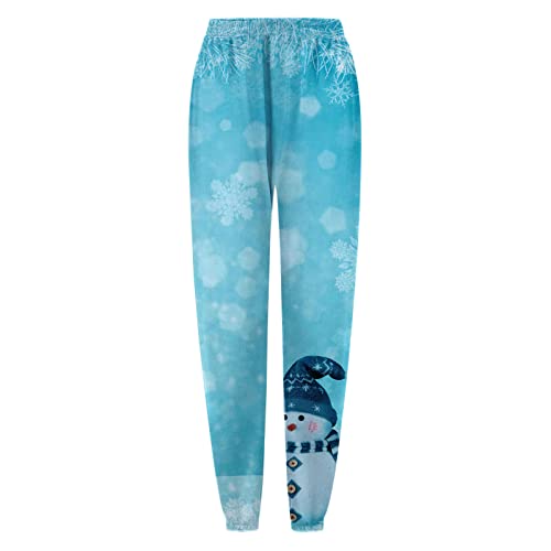 High Waisted Sweatpants for Women,High Waisted Sweatpants for Women Christmas Snowman Print Elastic Waisted Workout Active Joggers Drawstring Wide Leg Trouser Elk Print Sky Blue XL