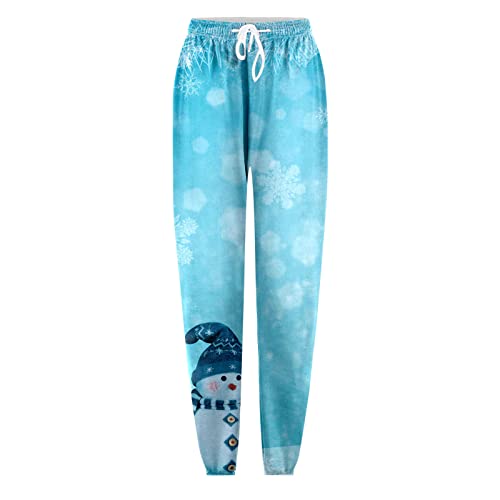 High Waisted Sweatpants for Women,High Waisted Sweatpants for Women Christmas Snowman Print Elastic Waisted Workout Active Joggers Drawstring Wide Leg Trouser Elk Print Sky Blue XL