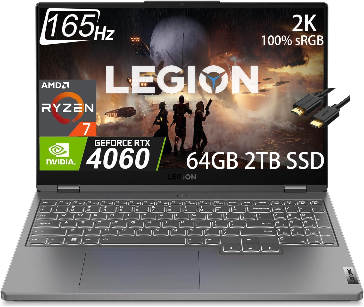 Lenovo Legion 5 Gaming Laptop (15.6" 2K 165Hz, AMD Ryzen 7 7735HS, GeForce RTX 4060 8GB, 64GB DDR5 RAM, 2TB SSD, (8 Core Beat i7-12700H)) Backlit, Wi-Fi 6, IST Cable, Win 11 Home, 2024, Storm Grey