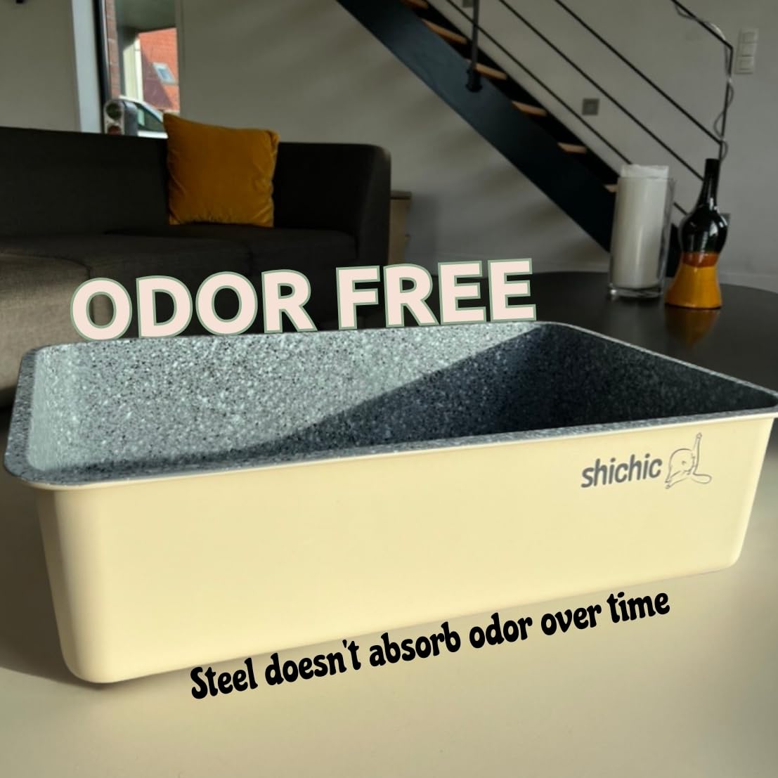 Shichic - Premium Stainless Steel Litter Box - Odor-Resistant Metal Cat Litter Box with Non-Stick Coating - Durable, Easy-Clean Litter Pan - Standard Size - 20" L x 13.8" W x 3.8" H, Includes Scoop