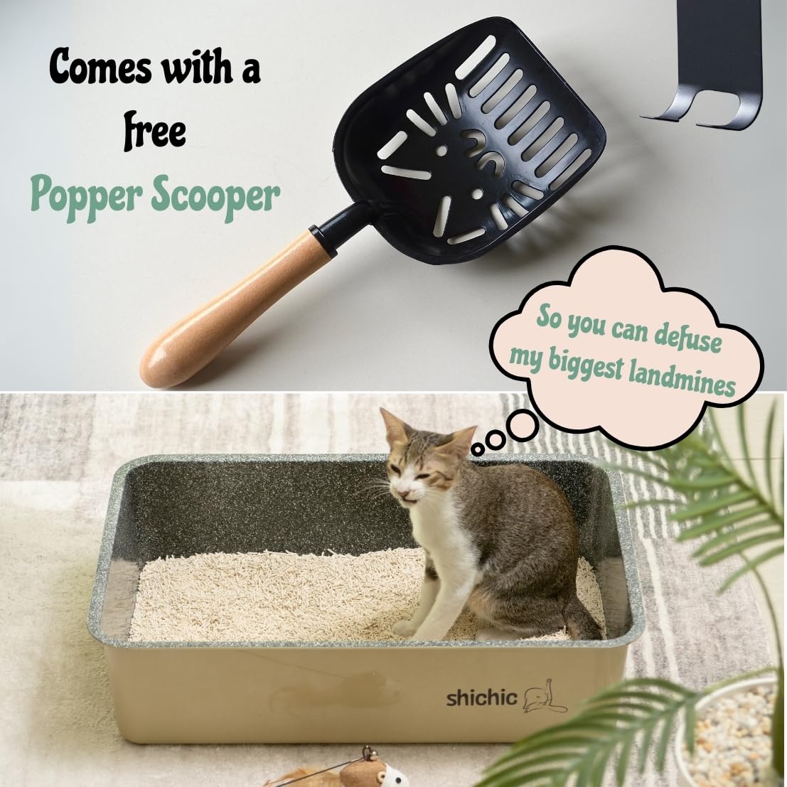 Shichic - Premium Stainless Steel Litter Box - Odor-Resistant Metal Cat Litter Box with Non-Stick Coating - Durable, Easy-Clean Litter Pan - Standard Size - 20" L x 13.8" W x 3.8" H, Includes Scoop