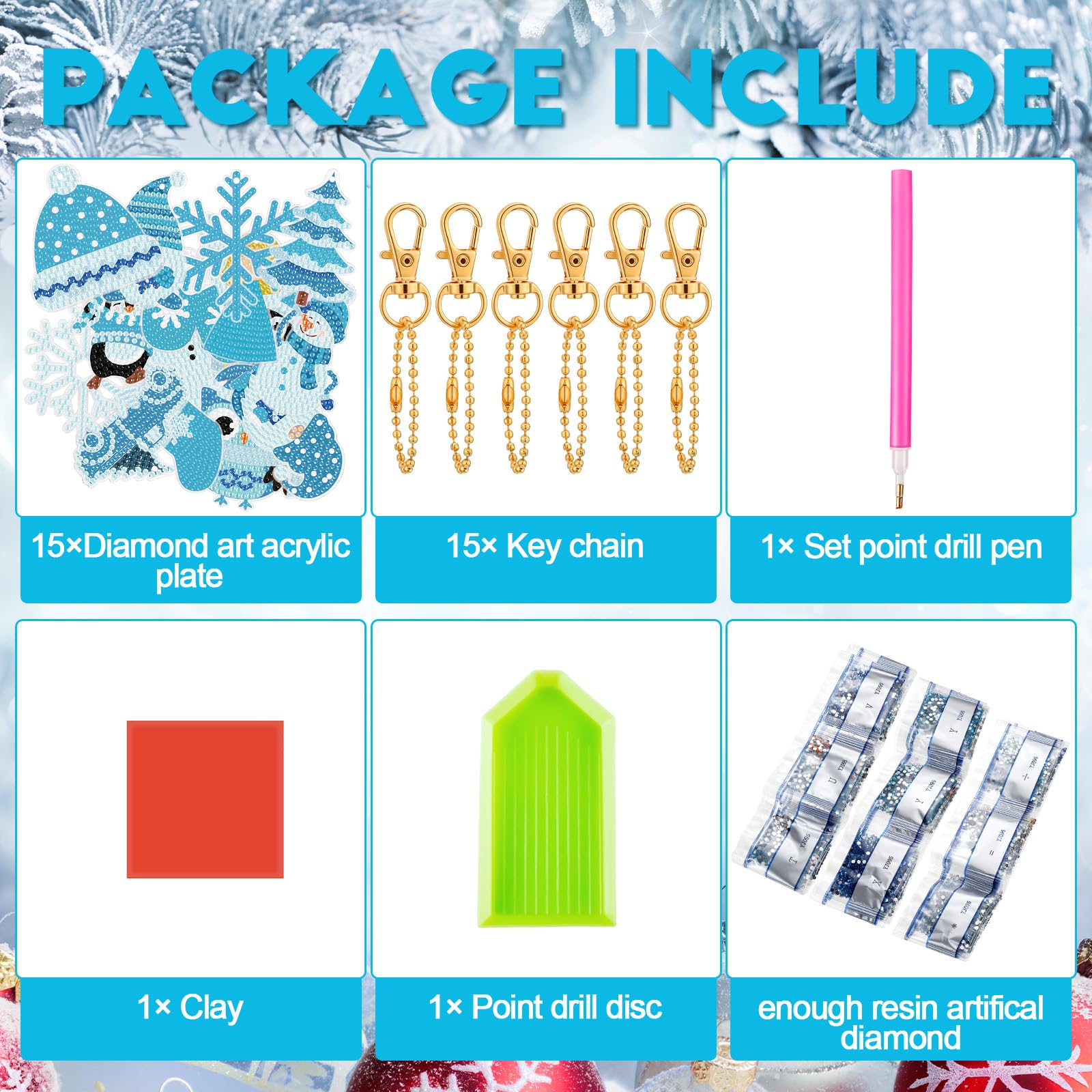 Yuxung 15 Pcs Christmas Diamond DIY Keychain 5D DIY Xmas Diamond Art Kit Hanging Decor Ornament Double Side Diamond Art Christmas Ornament for Art Christmas Craft(Cute)