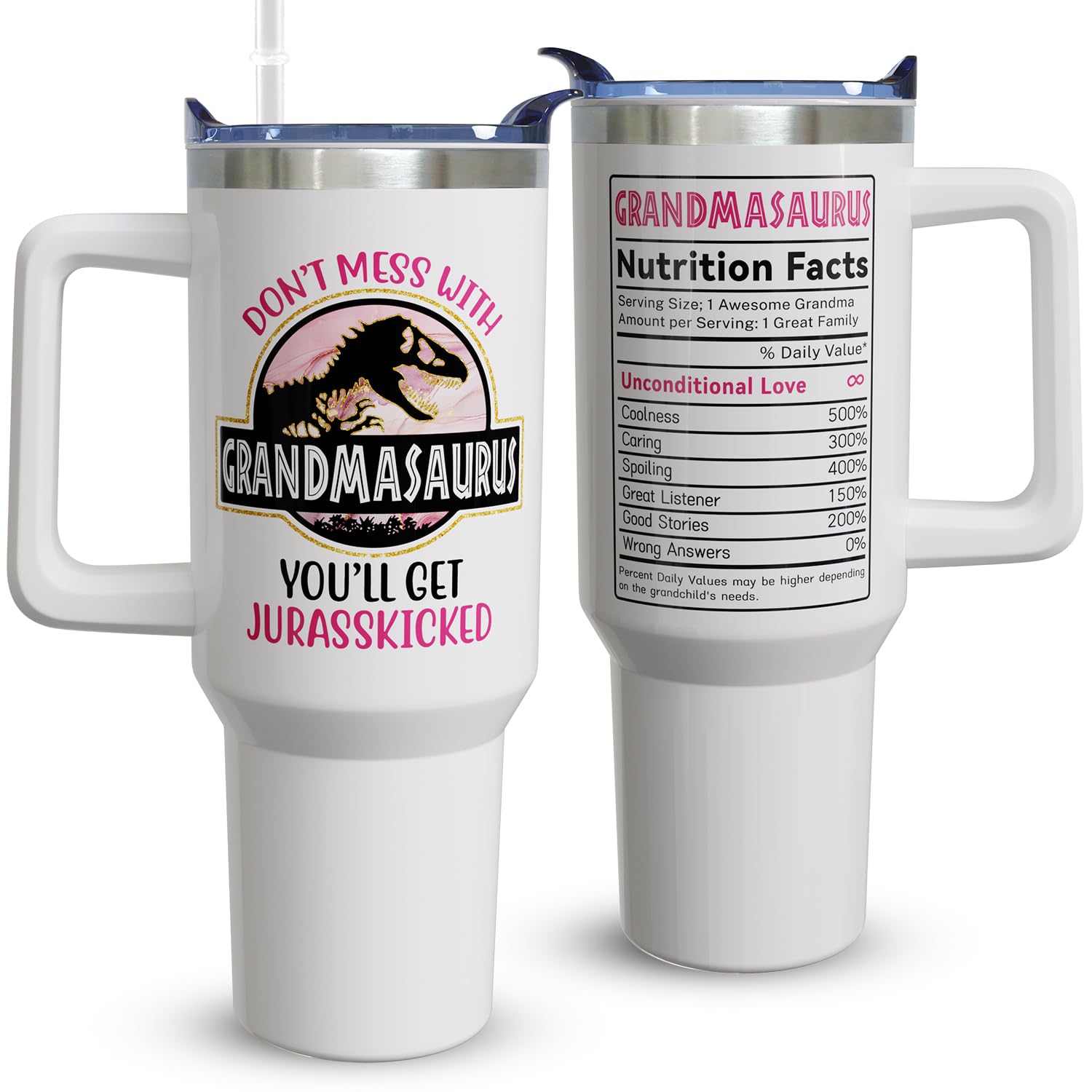 Heqianco Grandma Gifts,Mother's Day Gifts for Grandma, Birthday Gift for Mimi,Best Grandmother Ever Gift,Grandmasaurus Tumbler,Nana Coffee Cups,40oz Gigi Stainless Steel Travel Mugs with Handle