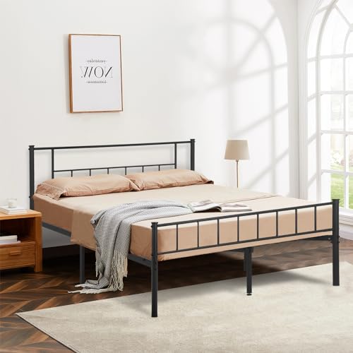PayLessHere 14 Inch High Metal Platform Bed Frame with Headboard Maximum Storage Space Under The Heavy Duty Bed Frame No Box Spring Needed Noise-Free Easy Assembly,Queen