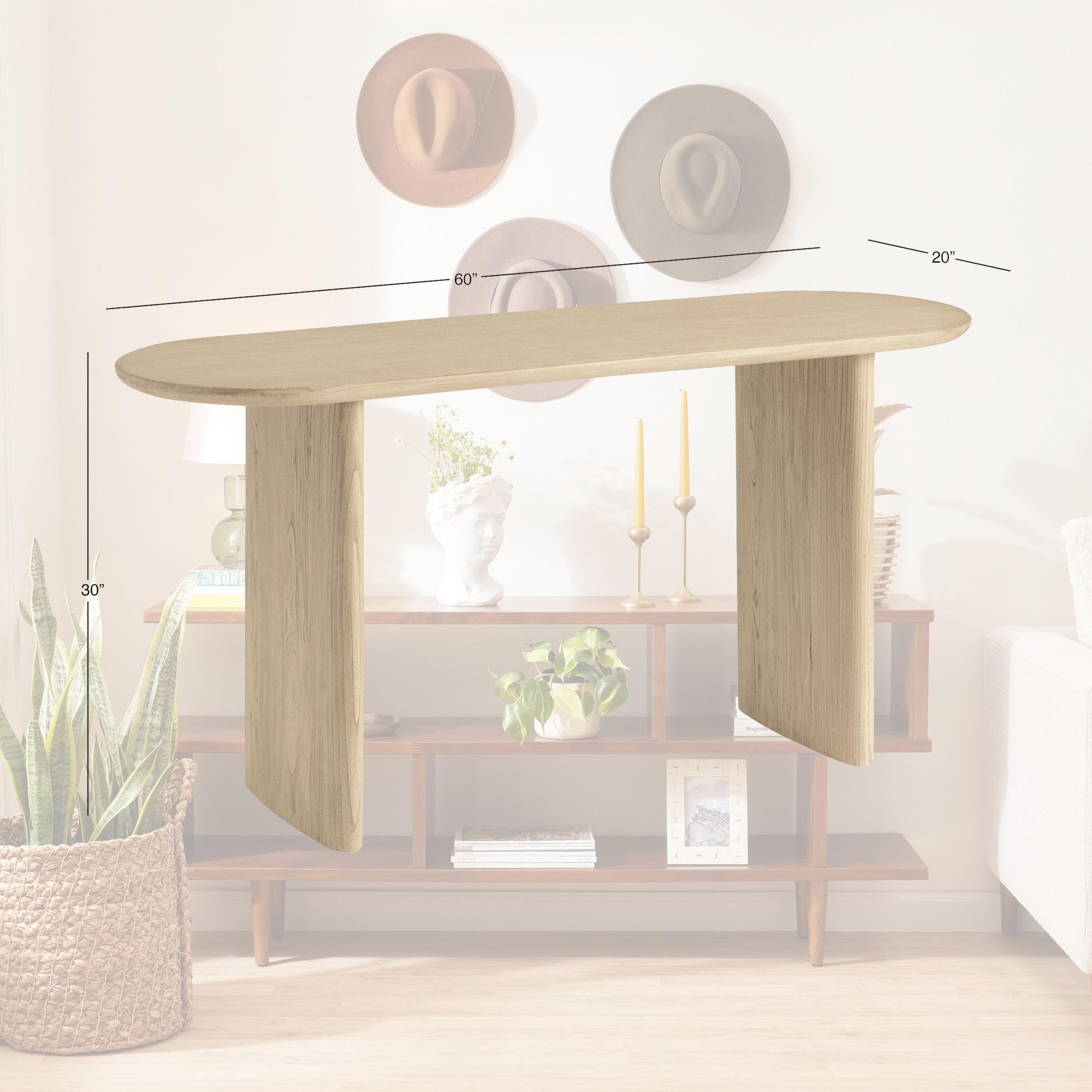 Oval Brushed Wood Console Table for Hallway, Behind The Couch, Oval Mid-Century Modern Wood Coffee Table, Mid-Century Wood Console Table for Living Room Bedroom Hallway