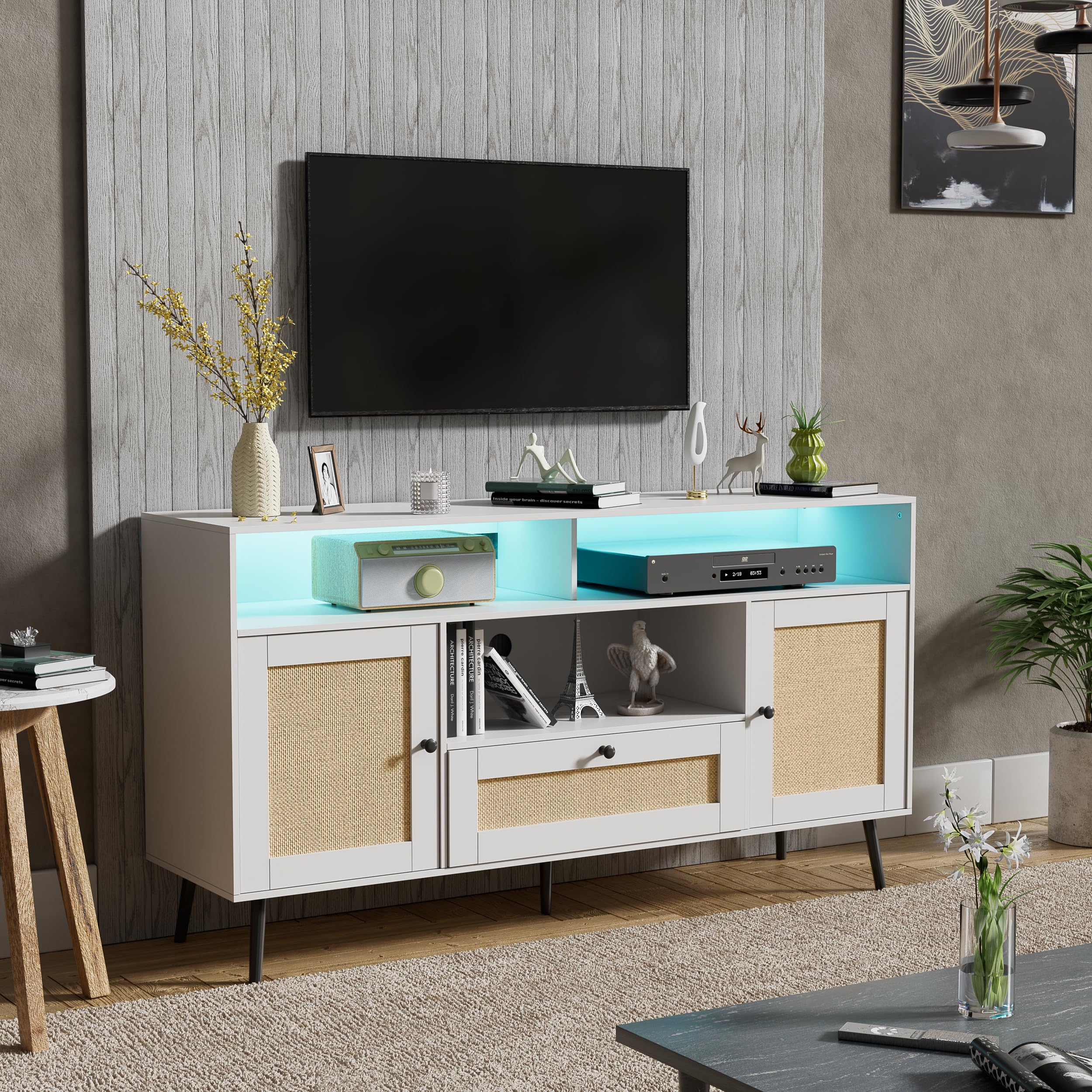 PAKASEPT TV Stand for TVs Up to 65 Inches, Entertainment Center Wood TV Stand with Sliding Doors & Shelves, TV Console Table Media Cabinet with Storage for Living Room Bedroom
