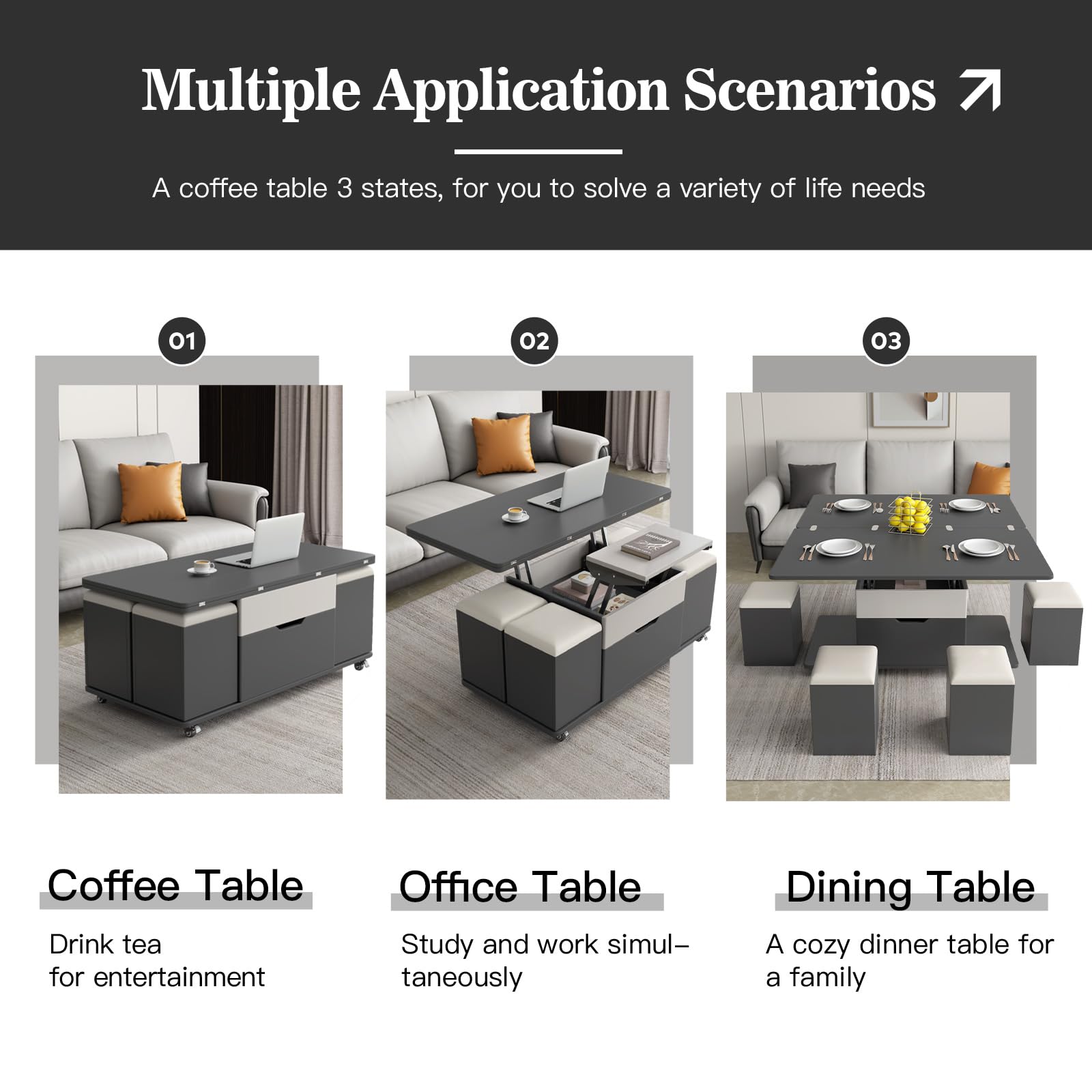 GraceNook 3 in 1 Mutifunction Coffee Table, Lift Top Coffee Table with 4 Seats, Coffee Table with Storage Lift Up Pu Stools,Coffee Table Converts to Dining Table for Living Room, Bedroom