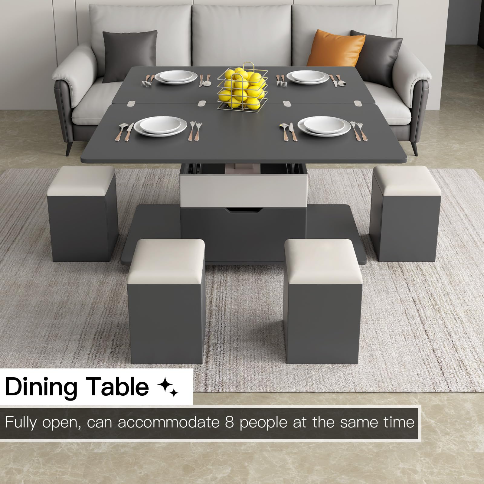 GraceNook 3 in 1 Mutifunction Coffee Table, Lift Top Coffee Table with 4 Seats, Coffee Table with Storage Lift Up Pu Stools,Coffee Table Converts to Dining Table for Living Room, Bedroom