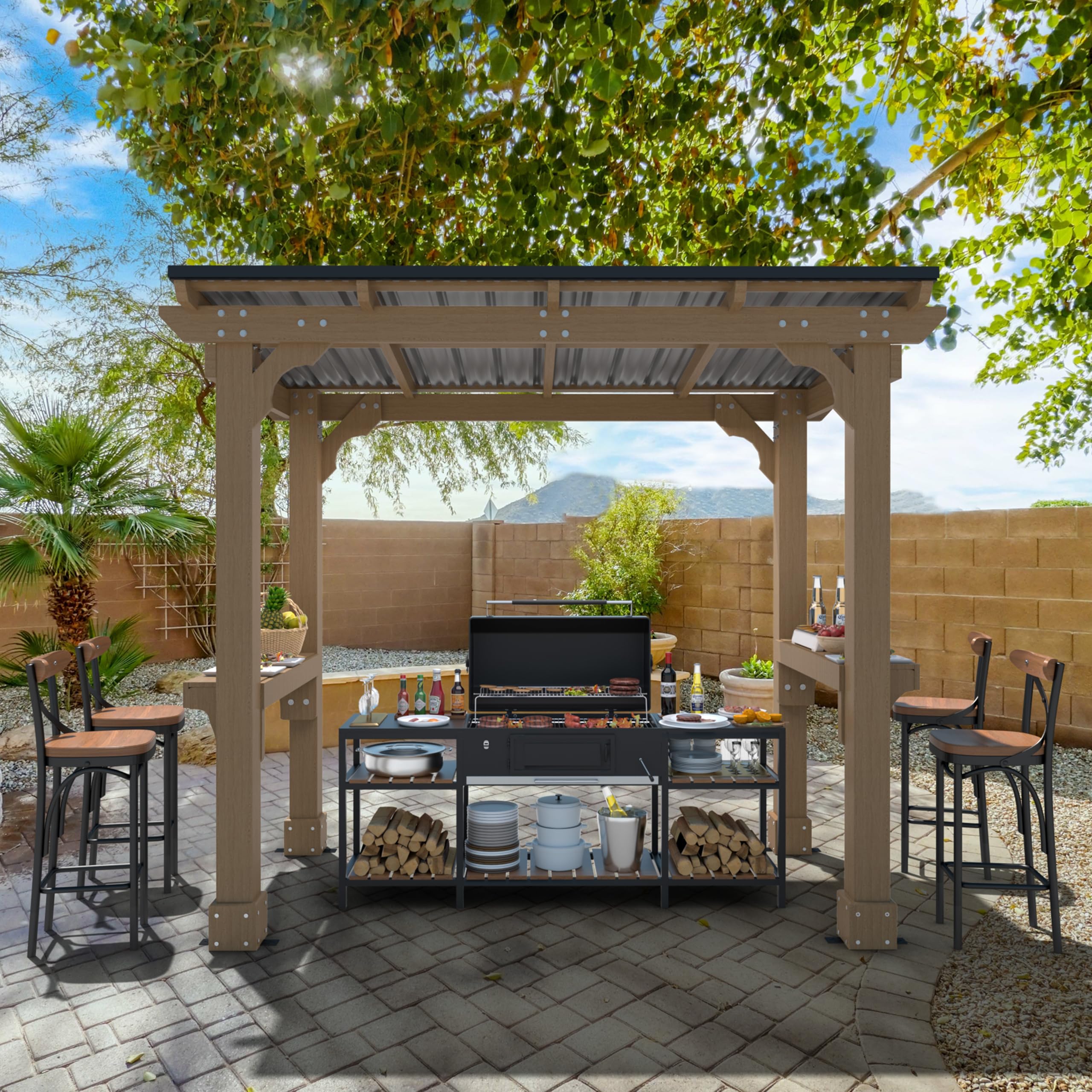 MUPATER 8' x 5' Wooden Grill Gazebo with Sloping Metal roof, 2 Full Size Grills, Rainwater Drainage, BBQ Canopy for Outdoor Patio, Lawn, Garden, Backyard