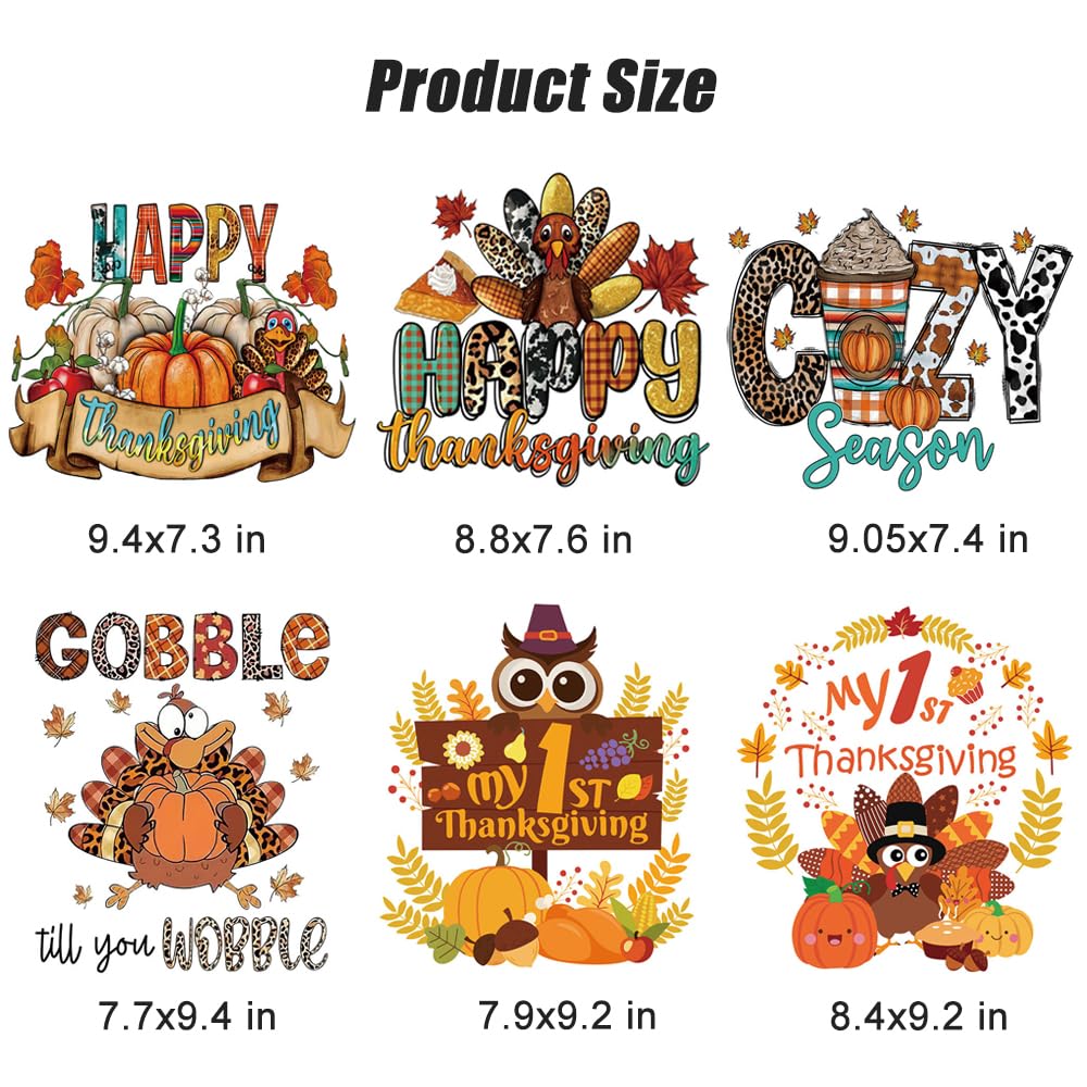 6 Sheets Thanksgiving Iron on Patches for Clothing Fall Heat Transfer Vinyl HTV Stickers Thanksgiving Iron on Transfers Turkey Pumpkins Iron on Decals for Clothes T-Shirt DIY Craft Autumn Decor